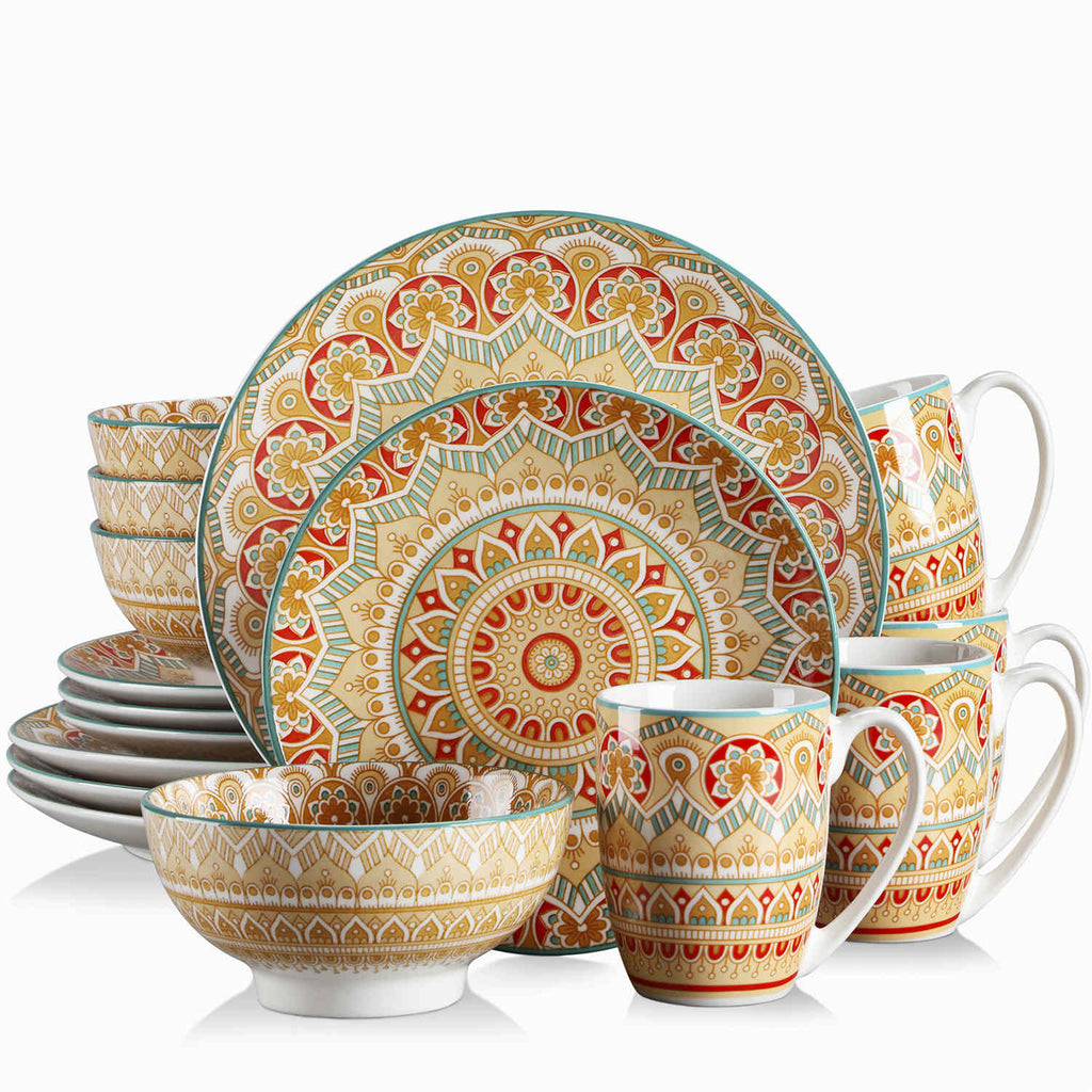 Mandala 16 Piece Porcelain Dinnerware Set - Bohemian Floral Design ...