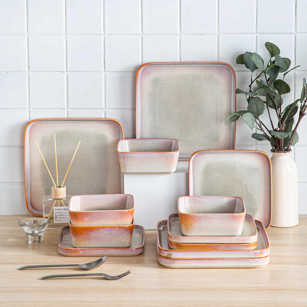 Two-tone Reactive Glaze Square Dinnerware | Nebula 12 Piece – Vancasso